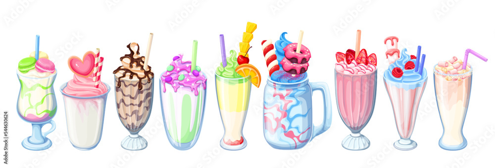 Milkshake set vector illustration. Cartoon isolated milkshake in glass ...