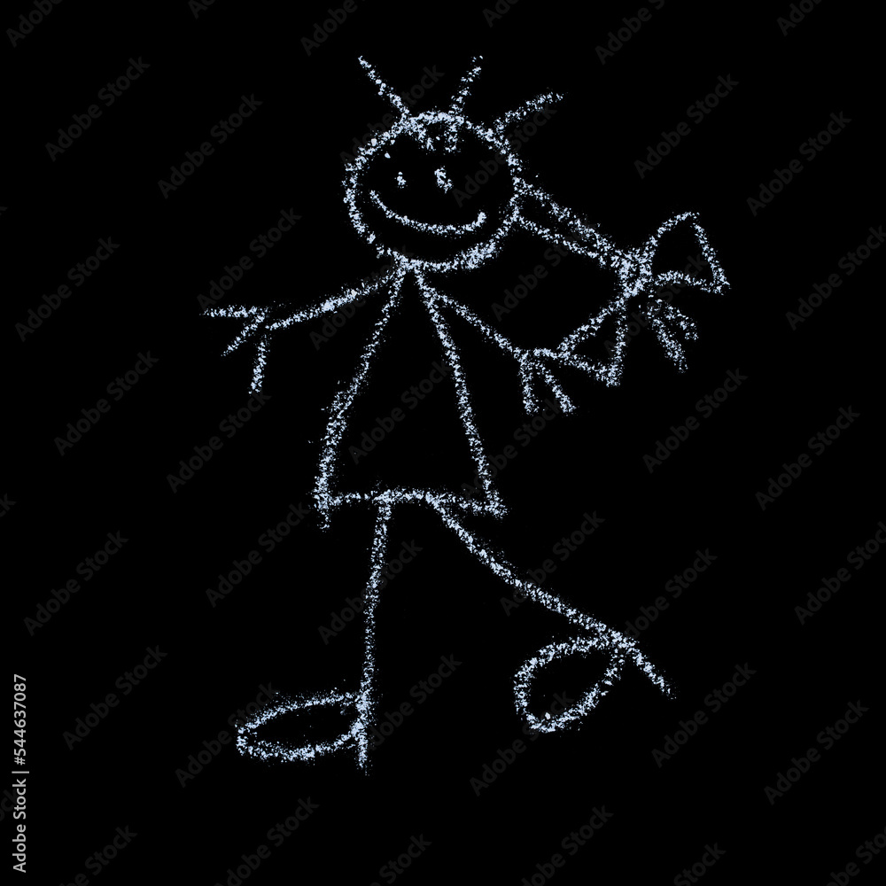 Drawing of a girl with crayons, children's funny drawing, drawing on ...