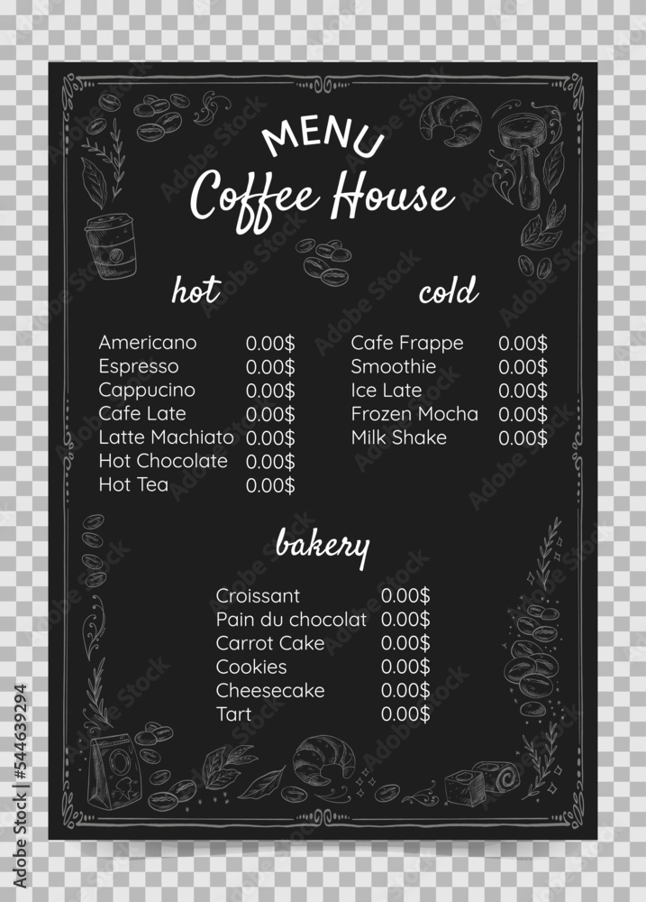 Vector menu for coffee shop. Coffee price list on black background ...