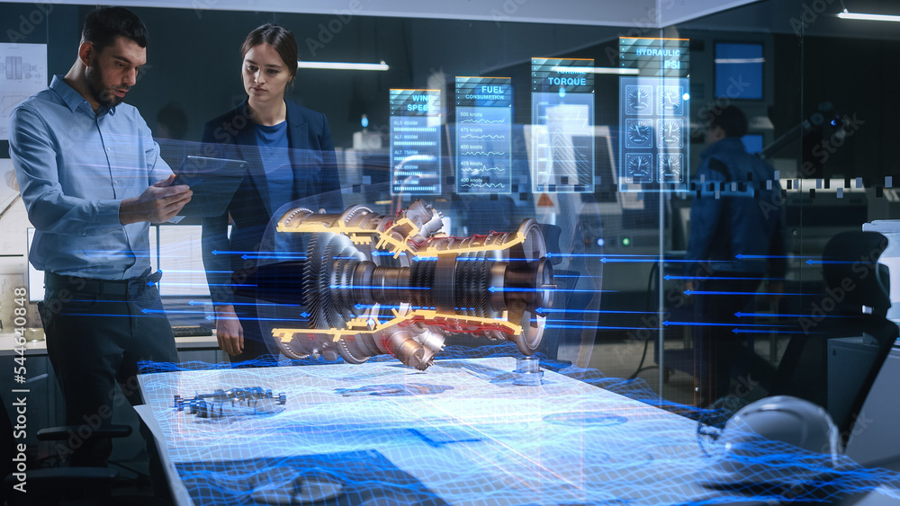 Aeronautics Factory Office Meeting Room: Engineer Holds Tablet Computer ...