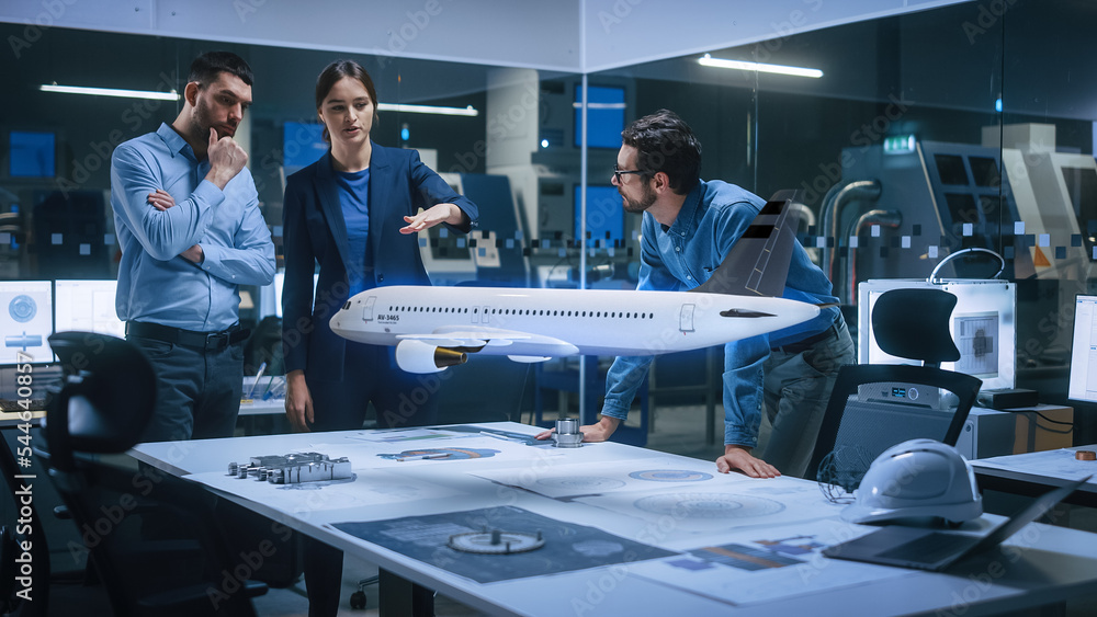 Aeronautics Factory Office Meeting Room: Team of Diverse Engineers and ...