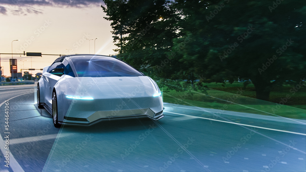 Autonomous Self-Driving 3D Car Moving Through City Highway ...