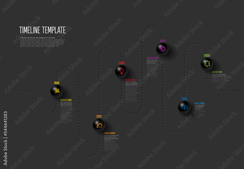Infographic dark dotted curved timeline template with sphere elements ...