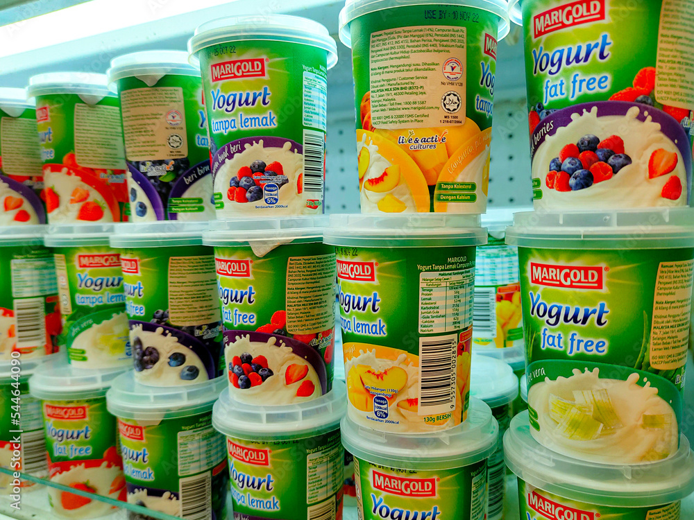 JOHOR, MALAYSIA -JULY 6, 2022: Yogurt in commercial packs. Small cup ...