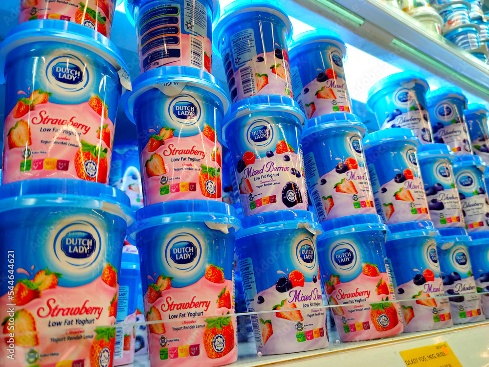 JOHOR, MALAYSIA -JULY 6, 2022: Yogurt in commercial packs. Small cup ...