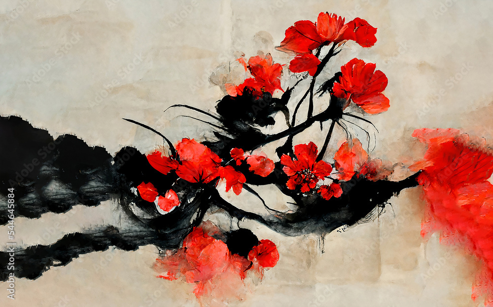 Japanese ink calligraphy painting. Black and red illustration painted ...