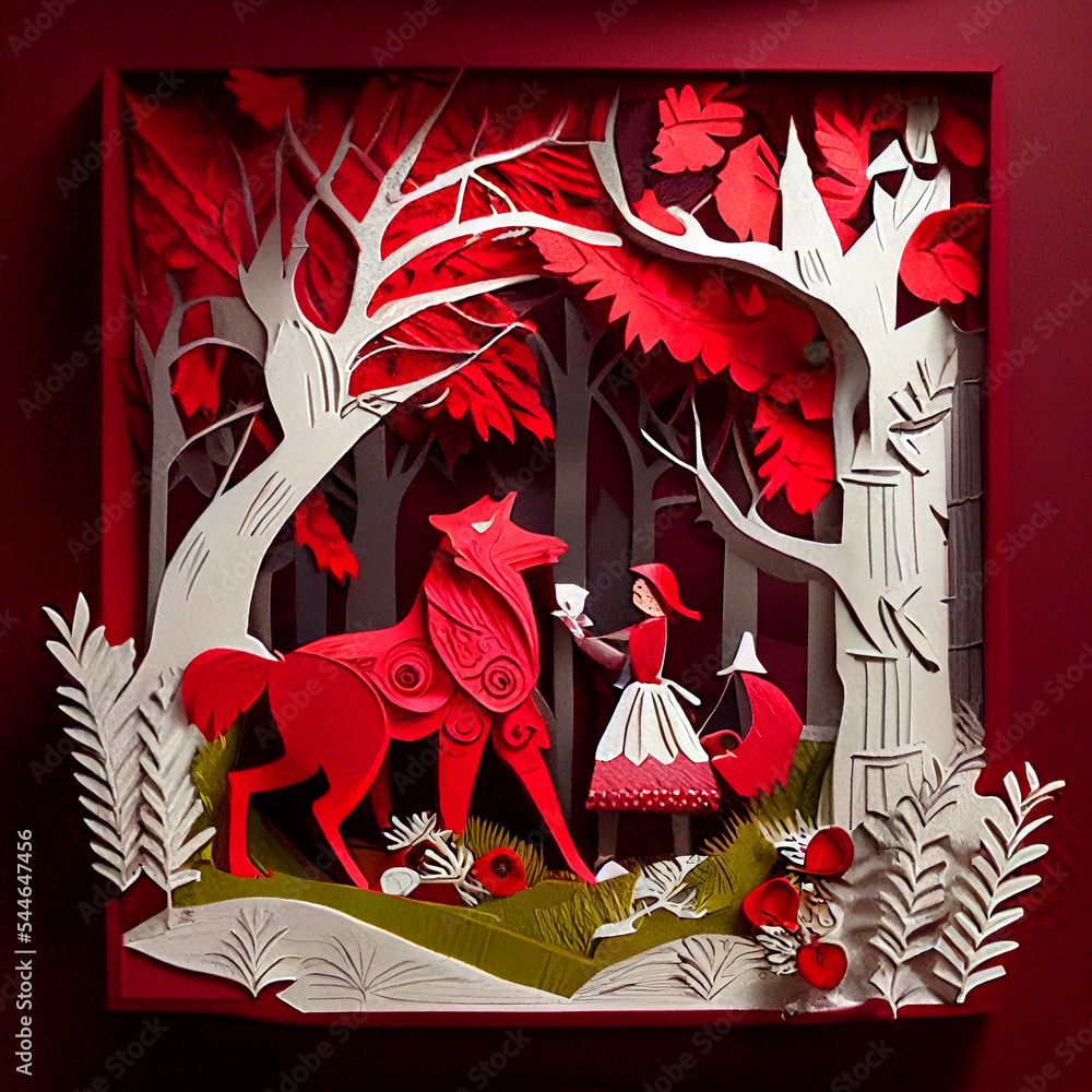 Fairy Tale Paper Cut Scene of little red riding hood Stock Illustration ...