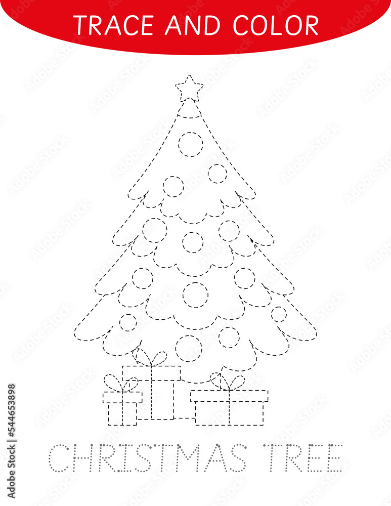 Trace and color Christmas tree worksheet for preschool kids. Tracing ...