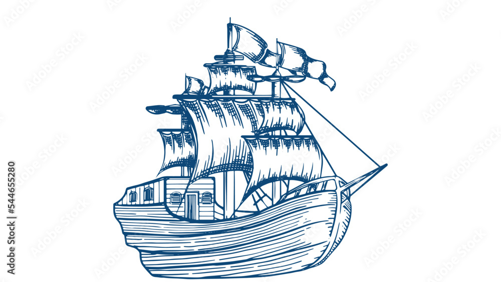 sketch drawing of vintage old ship. isolated vector illustration. Stock ...