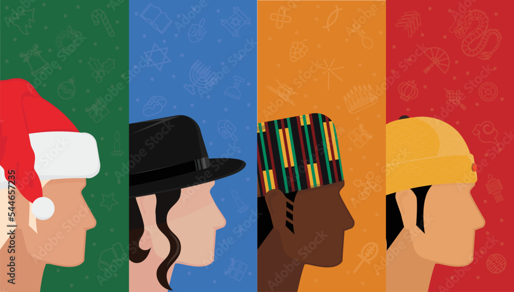 Christmas, Hanukkah, Kwanzaa, Chinese New Year men together celebrating ...