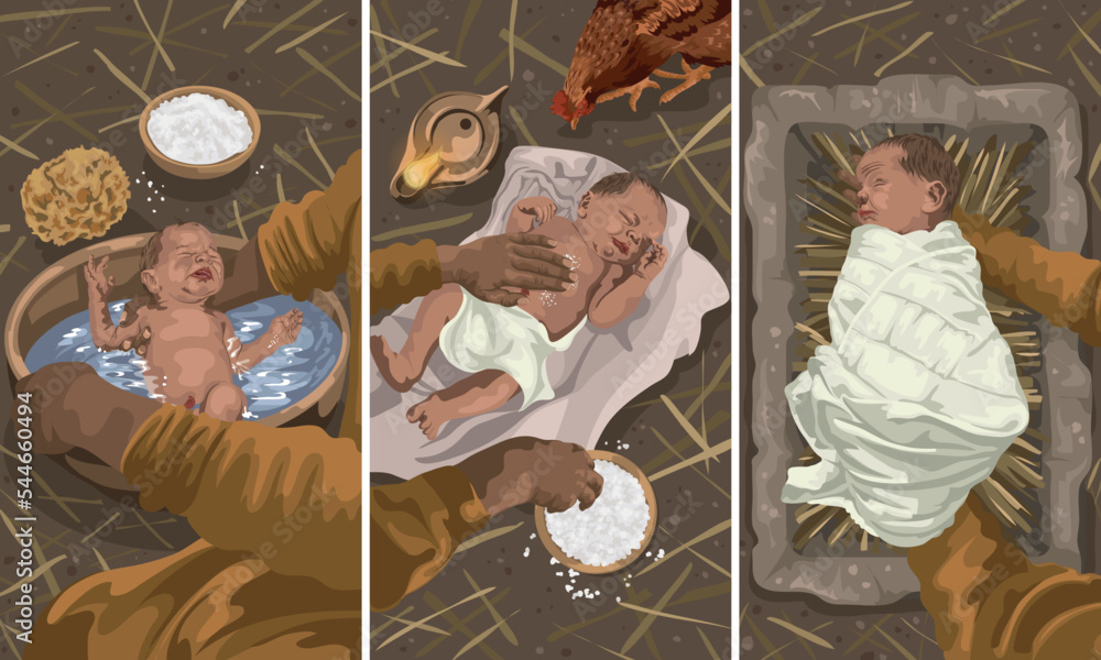 Christmas Story - The baby Jesus being washed, rubbed with salt, and ...