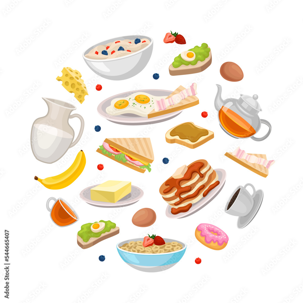 Breakfast dishes of circular shape. Sandwich, fried eggs, bacon ...