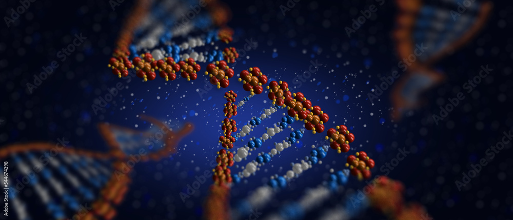 High Detailed DNA Structure with Atomic Red Molecule on Dark Blue ...