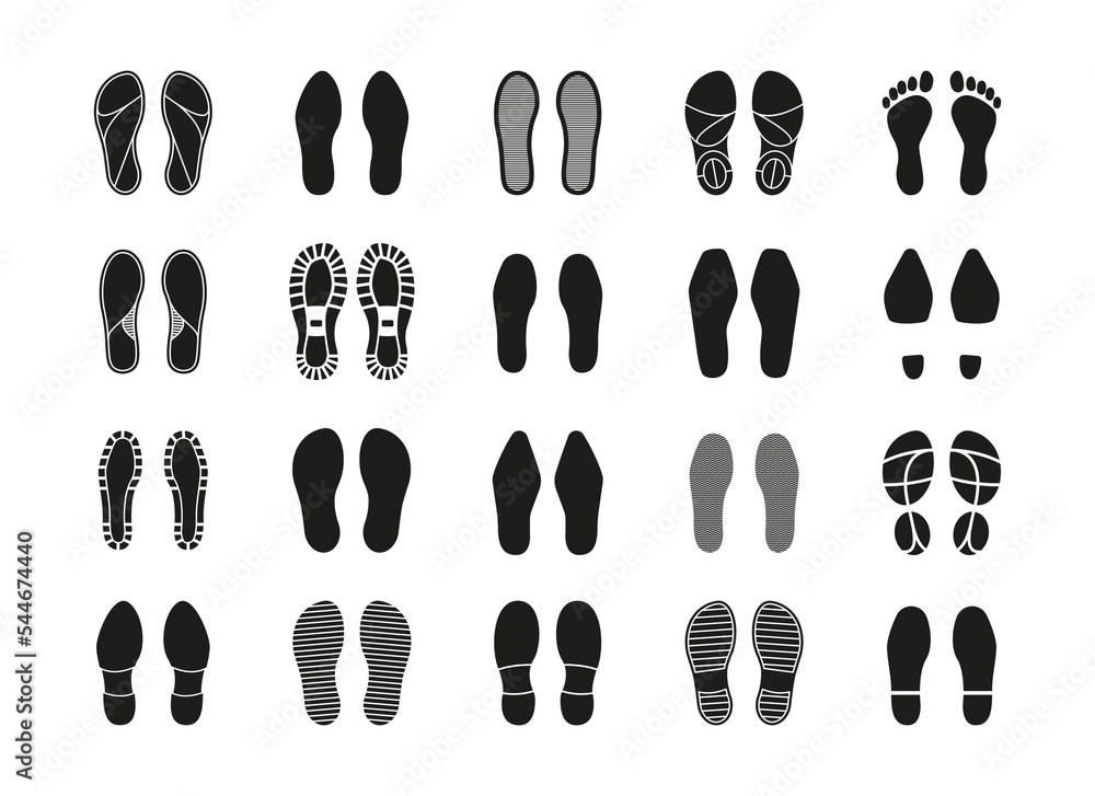 Human footprints. Human step silhouettes, barefoot sneaker boots sole ...
