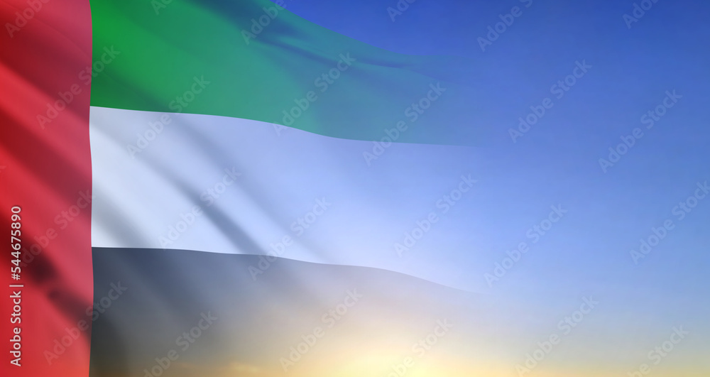 UAE flag on background of sunset or sunrise. Concept for National ...