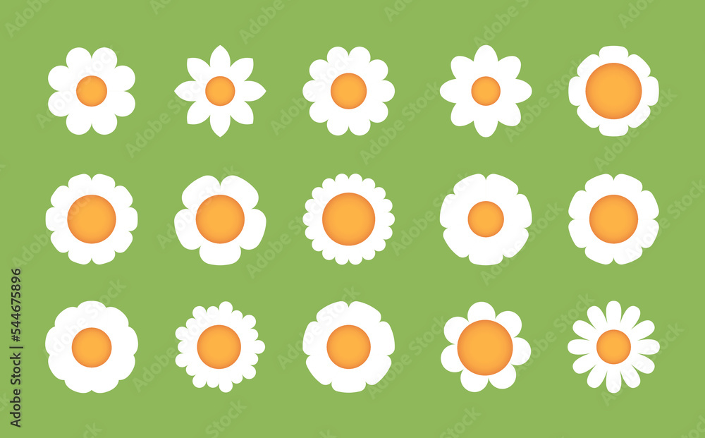 Vetor de Chamomile flower. White blooming daisy icons flat cartoon ...