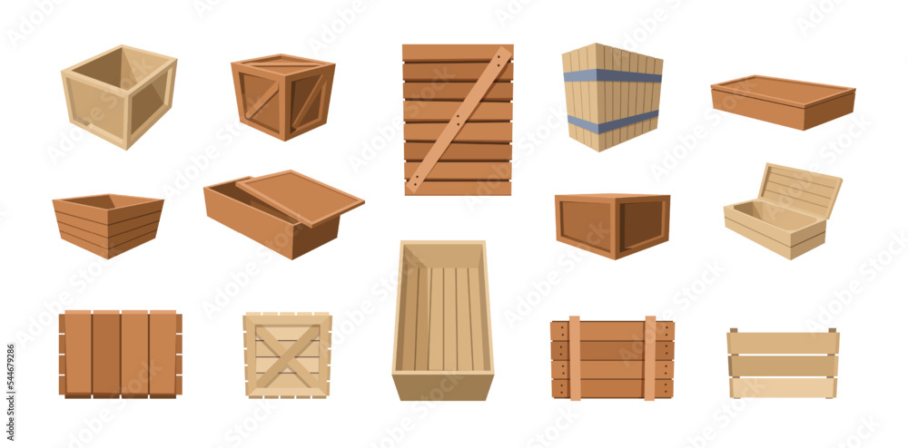 Wooden boxes. Packed empty shipping drawers and crates, cargo warehouse ...