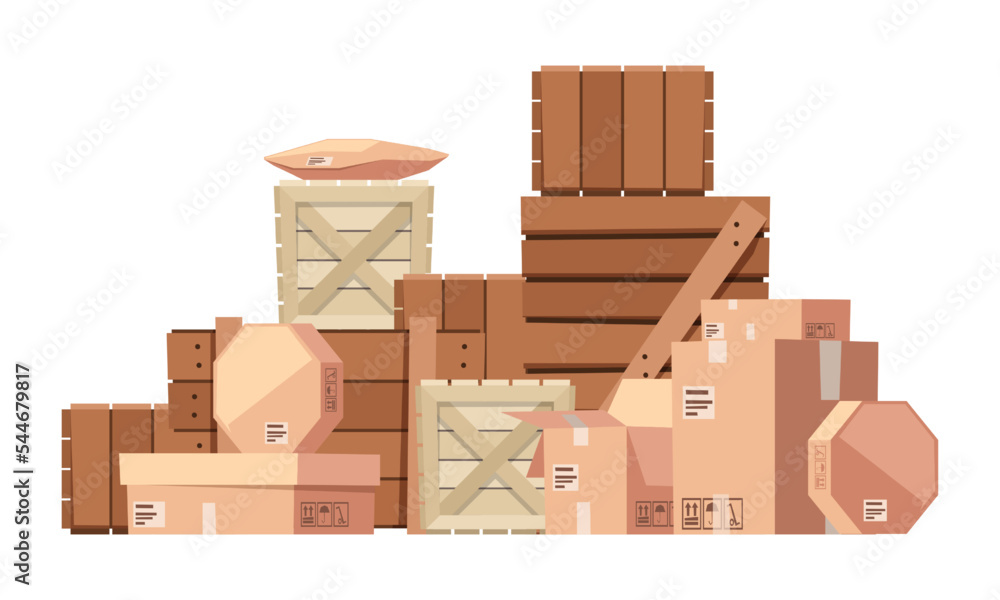 Stacked wooden boxes. Pile storage of sealed cardboard containers and ...