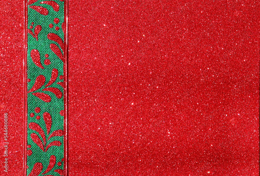 Christmas background. Red glitter background with green ribbon. Stock ...