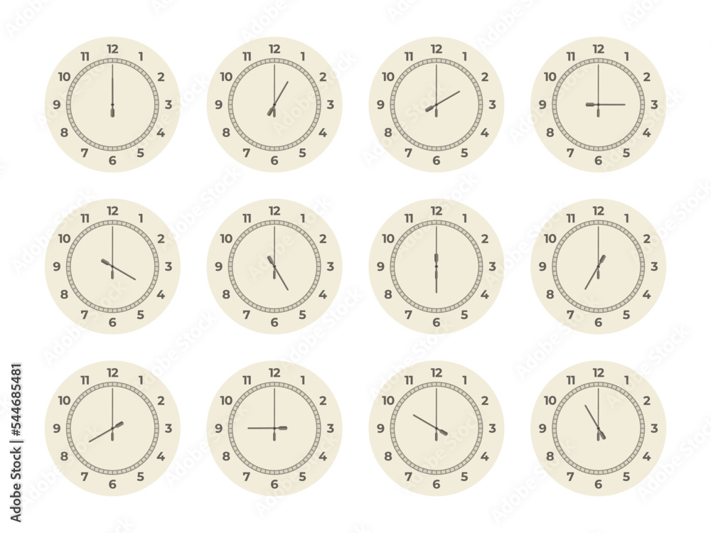 Clock hours set. Round watch faces with arabic roman numbers, twelve ...