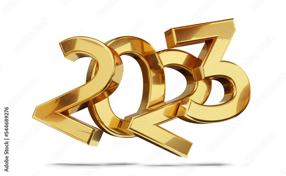 symbol 2023 twenty-three gold metallic colored, isolated, 3d ...