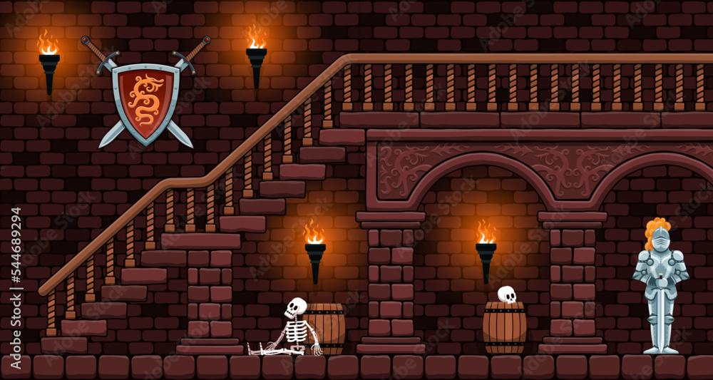 Medieval castle dungeon. Castle interior with stairs. Knight armour ...