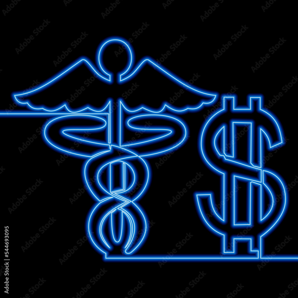 Continuous line drawing dollar sign and symbol of medicine icon neon ...