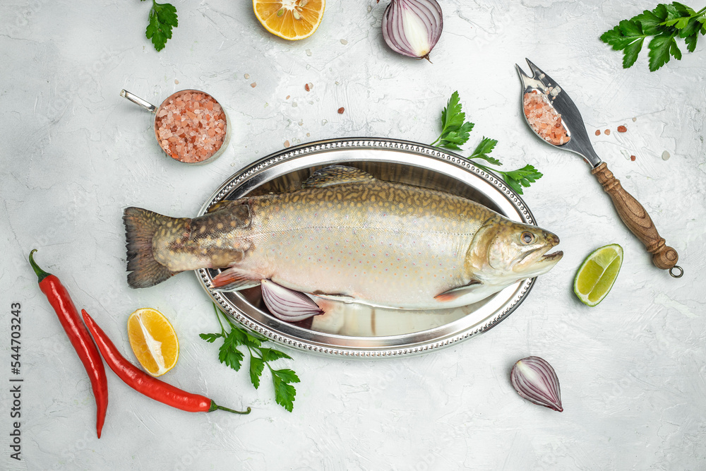 Raw arctic char fish. Culinary, cooking, bakery concept. Restaurant ...