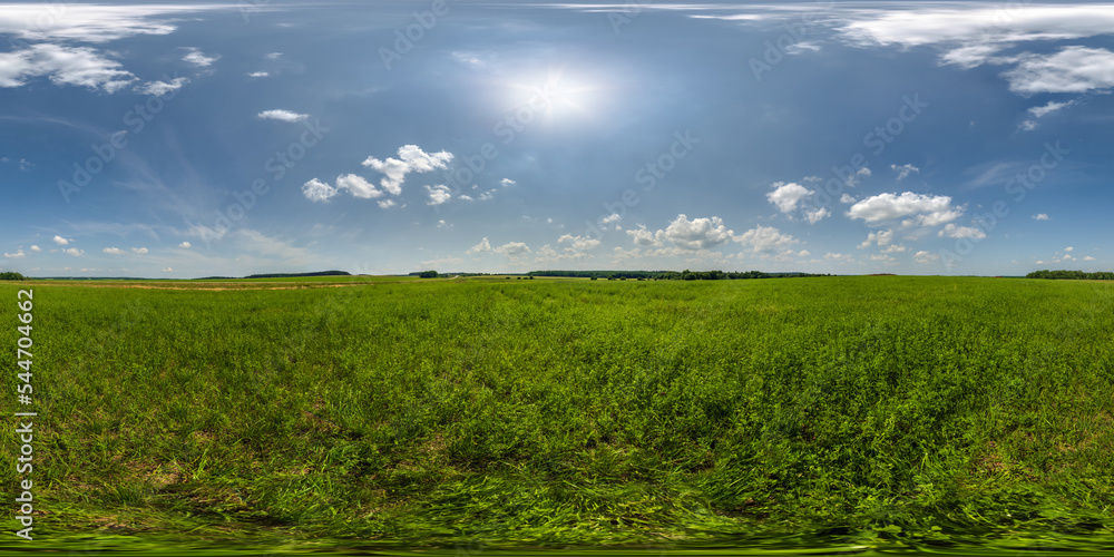 full seamless 360 hdri panorama view among farming field with sun and ...