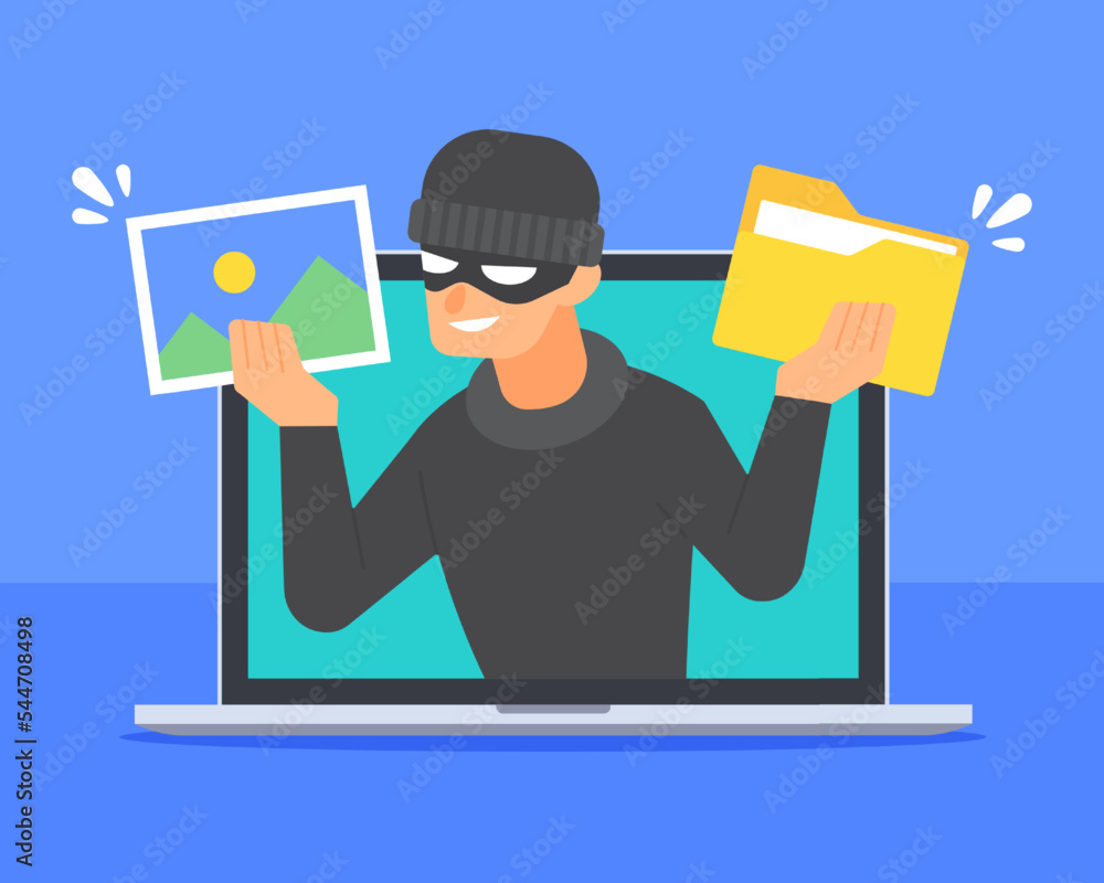 Hacker inside laptop holding image file and document folder icon. Concept of computer security ...