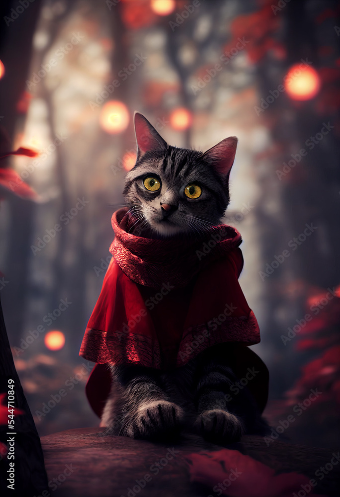 Cat in a red cape sits in dark forest. Adorable cat in a costume of ...