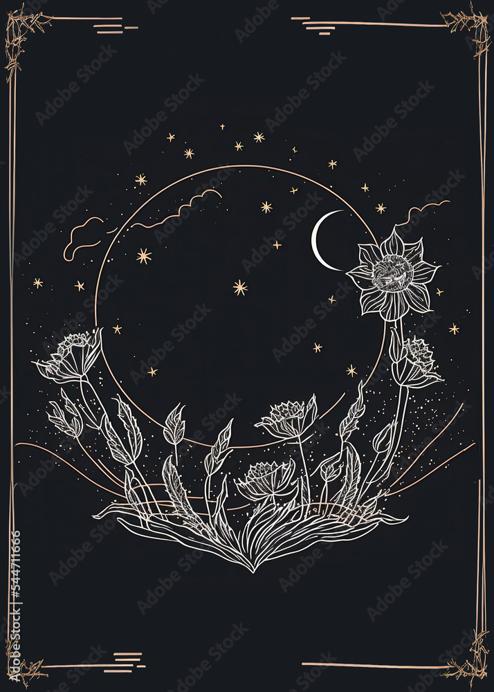 boho frame with flowers, celestial trendy linear style, mystical ...