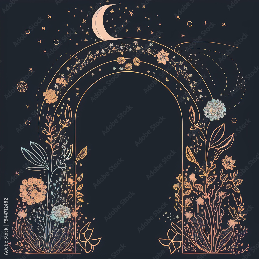 boho frame with flowers, celestial trendy linear style, mystical ...