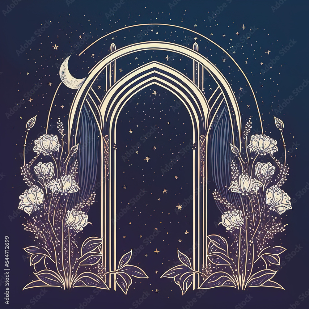 boho frame with flowers, celestial trendy linear style, mystical ...