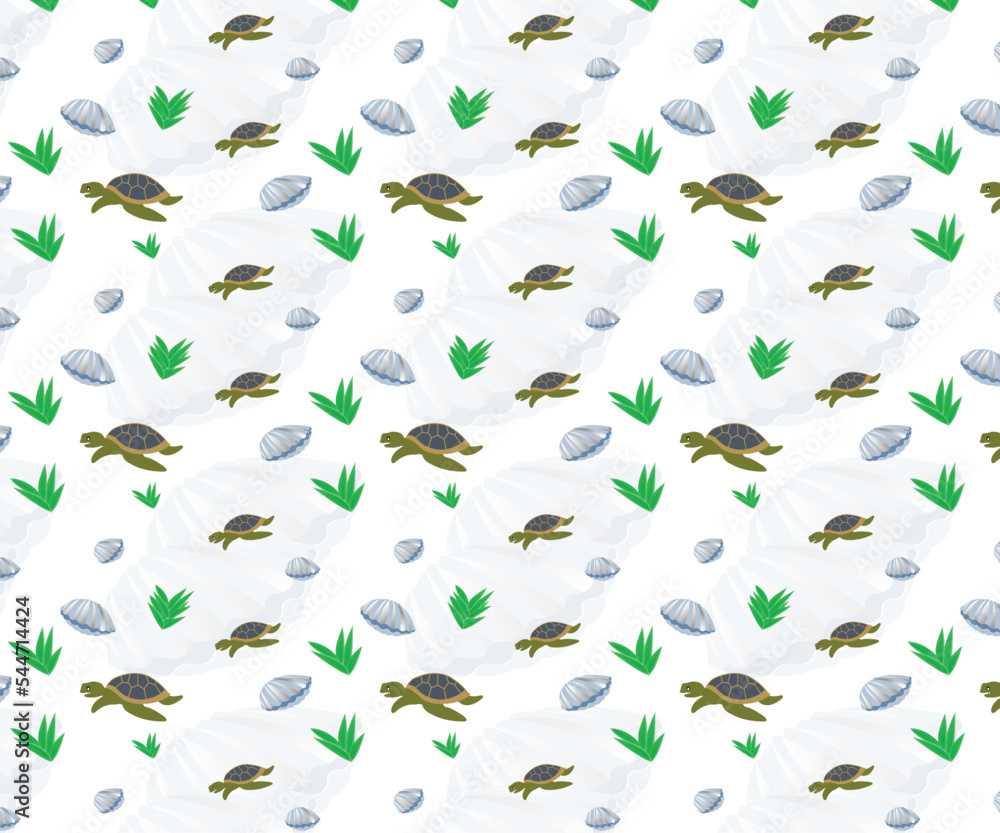 Turtle, clams shell and seaweeds vector repeat pattern with white ...