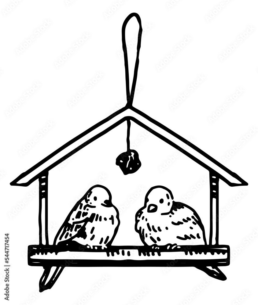 Doodle of feeder with birds. Outline drawing of winter wild animals ...