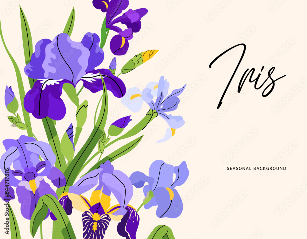 Iris purple blue flower frame vector for greeting card, poster, banners ...