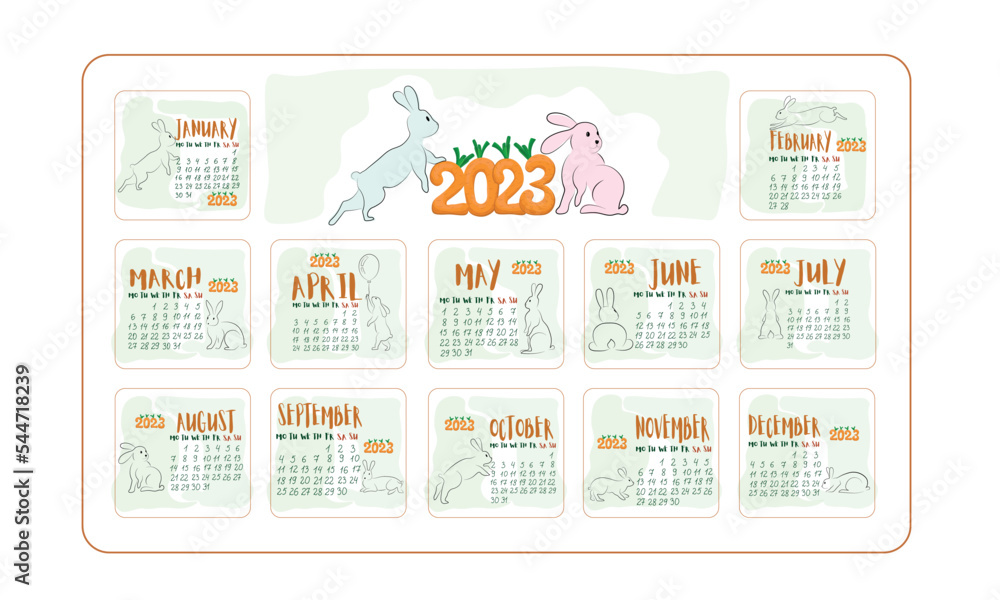 horizontal calendar for the year 2023 with rabbits, colorful cartoon ...