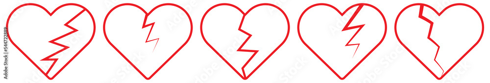 Broken red heart line icons. Vector illustration isolated on white ...