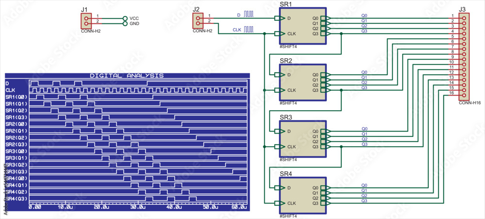 The circuit and time diagrams of the operation of a 16-bit shift ...