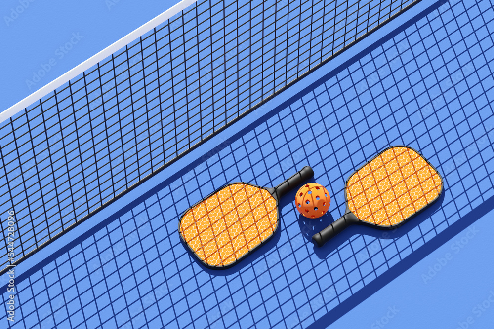 Pickleball paddles with ball on court under the shadow of the grid. 3d ...