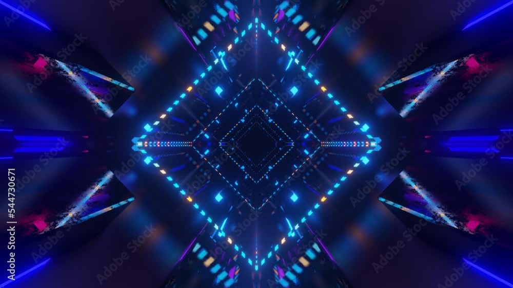 Fly through symmetrical technology cyberspace with neon glow. Sci-fi ...