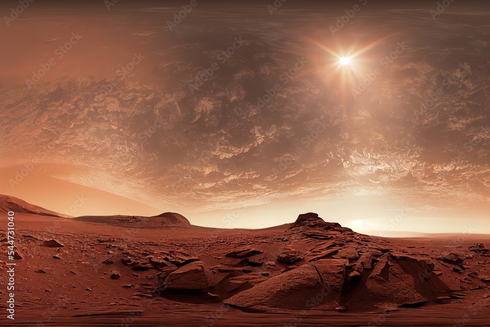360 HDRI panorama of Mars sunset. Martian landscape, environment map ...