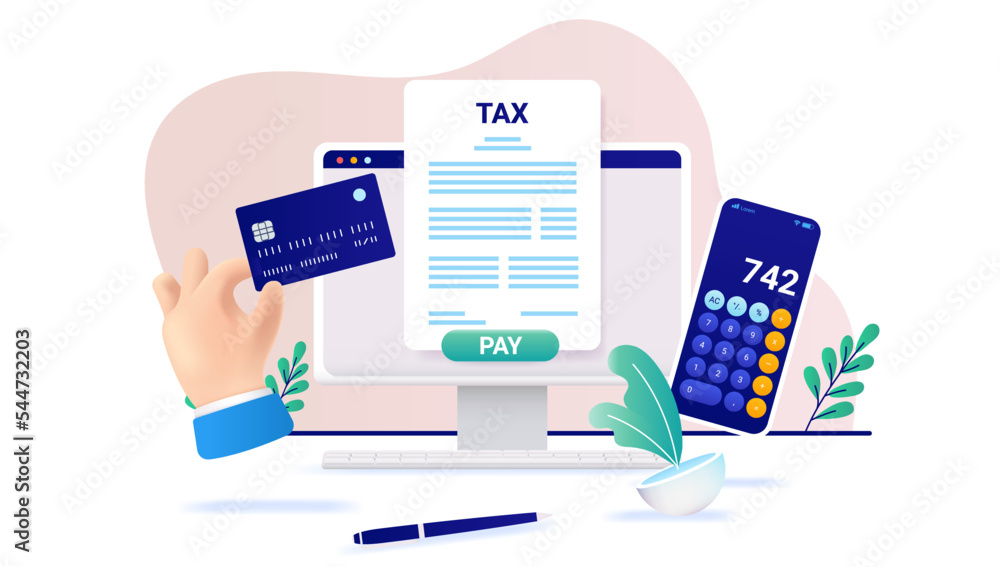 Paying tax online - Hand with bank card pay taxes on desktop computer ...