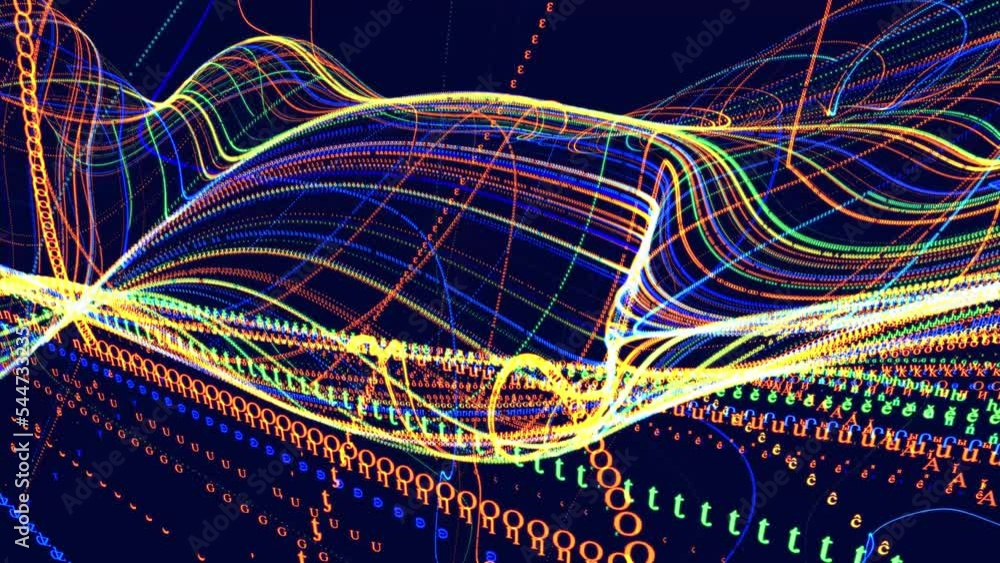 digital waves. Vj loop hologram abstract bg. Symbols form lines, grid, strings. Information ...