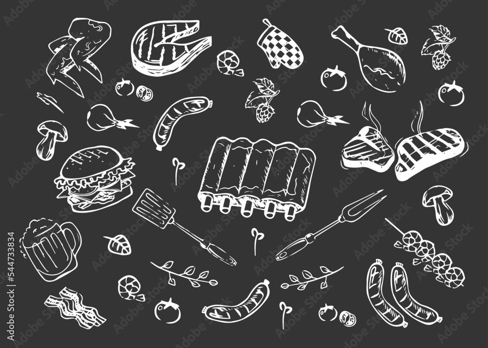 Doodles barbecue food, Hand drawn vintage steakhouse elements chalk ...