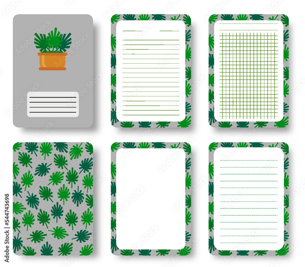 Flower notebook cover and lined pages set. Green houseplant leaves ...