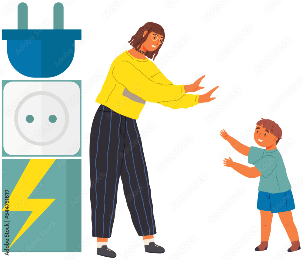 Mother talking to her little son about danger of electricity. Mom ...