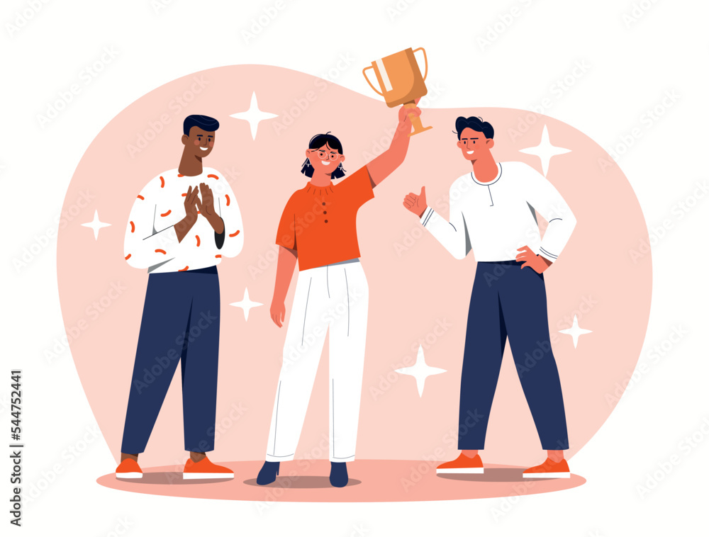 People congratulate their friend. Man and woman present goblet to young ...