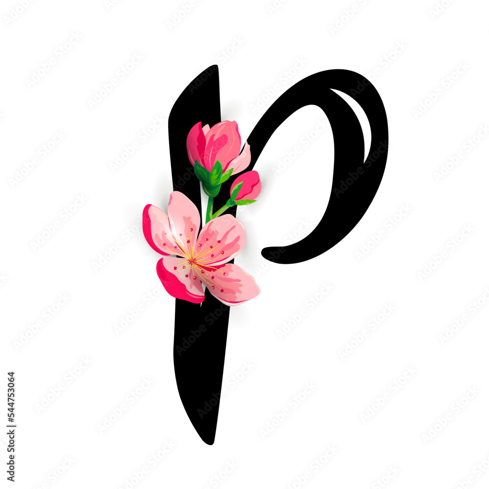 Hand drawn letter P with spring pink flowers isolated on white ...